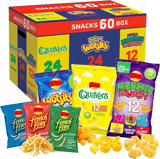 力 Variety of 60 Crisps Snacks Box with EXTRA 3 x 18g French Fries Chips ...